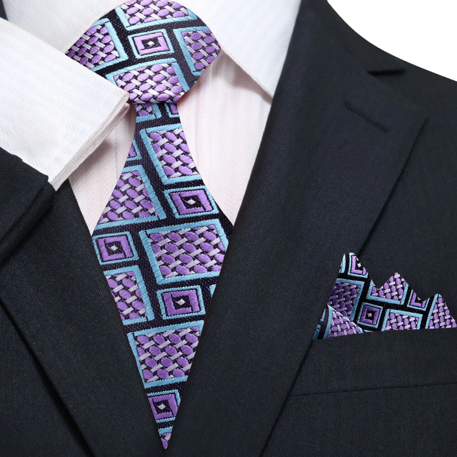 Silver Geometric Blocks Necktie in Teal, Purple & Grey