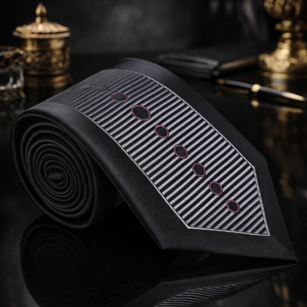 Black Necktie with Metallic Silver Stripes & Purple Circles