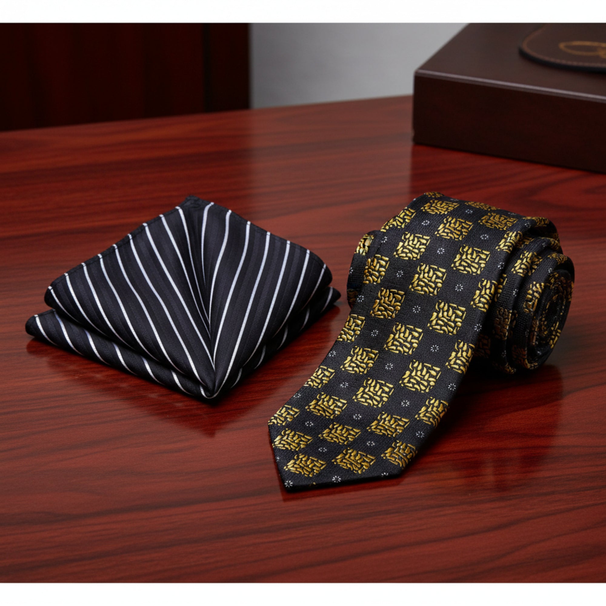 Black & Gold Geometric Necktie for Weddings, Parties & Evening Wear