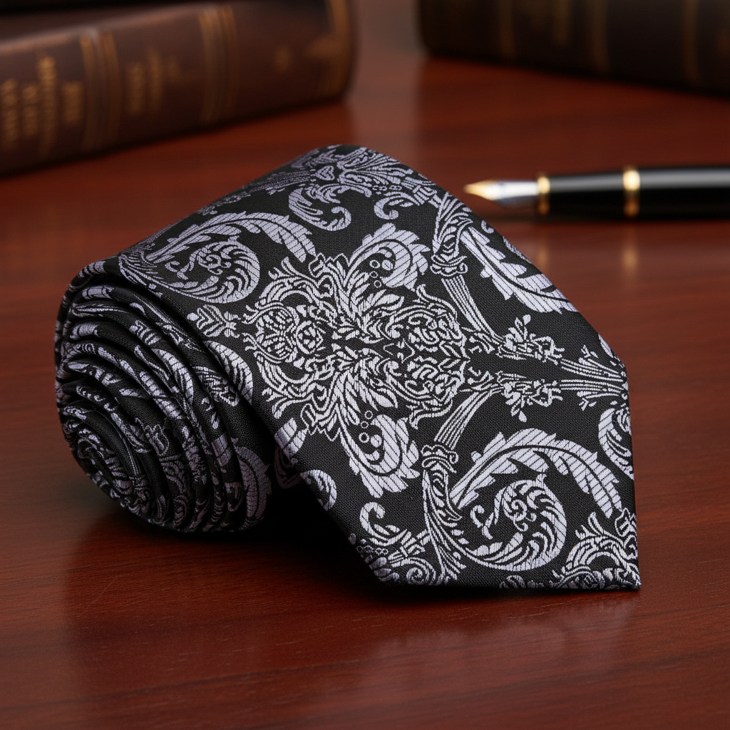 Black Necktie with Grey Floral Pattern | Elegant Filigree Design for ...