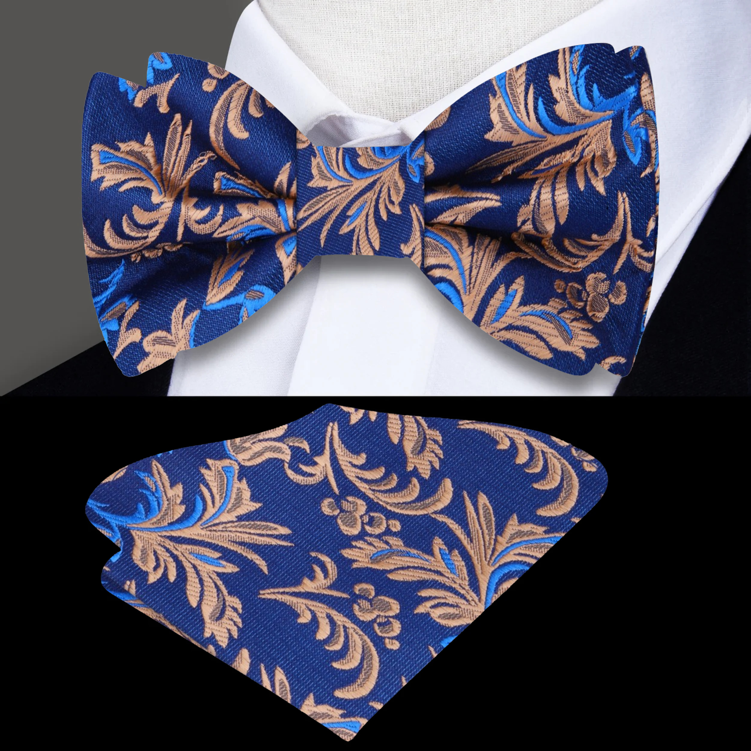 Dark Blue & Brown Filigree Bow Tie with Intricate Floral Vines
