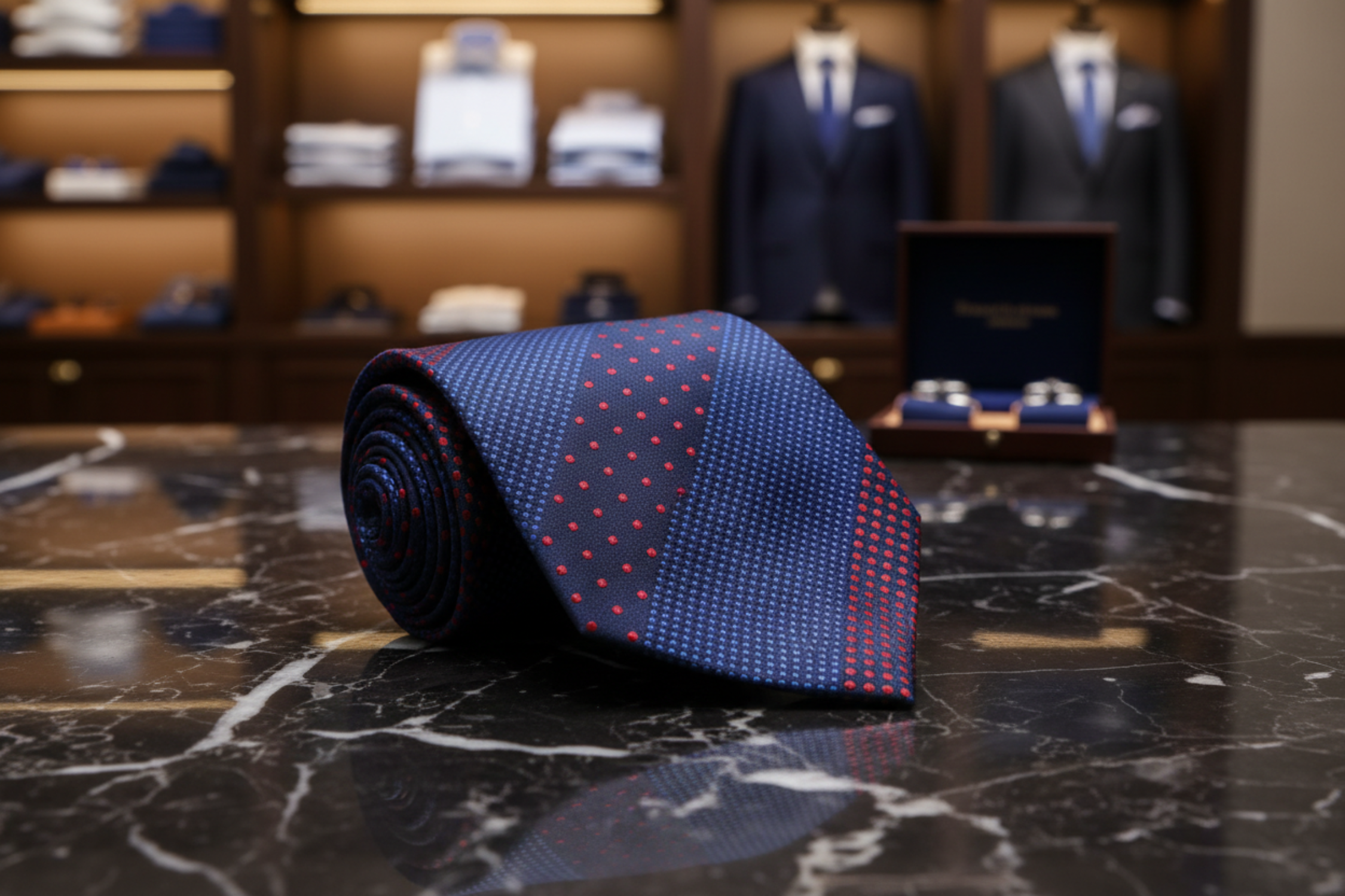 Blue Necktie with Red Polka Dots and Pocket Square Options