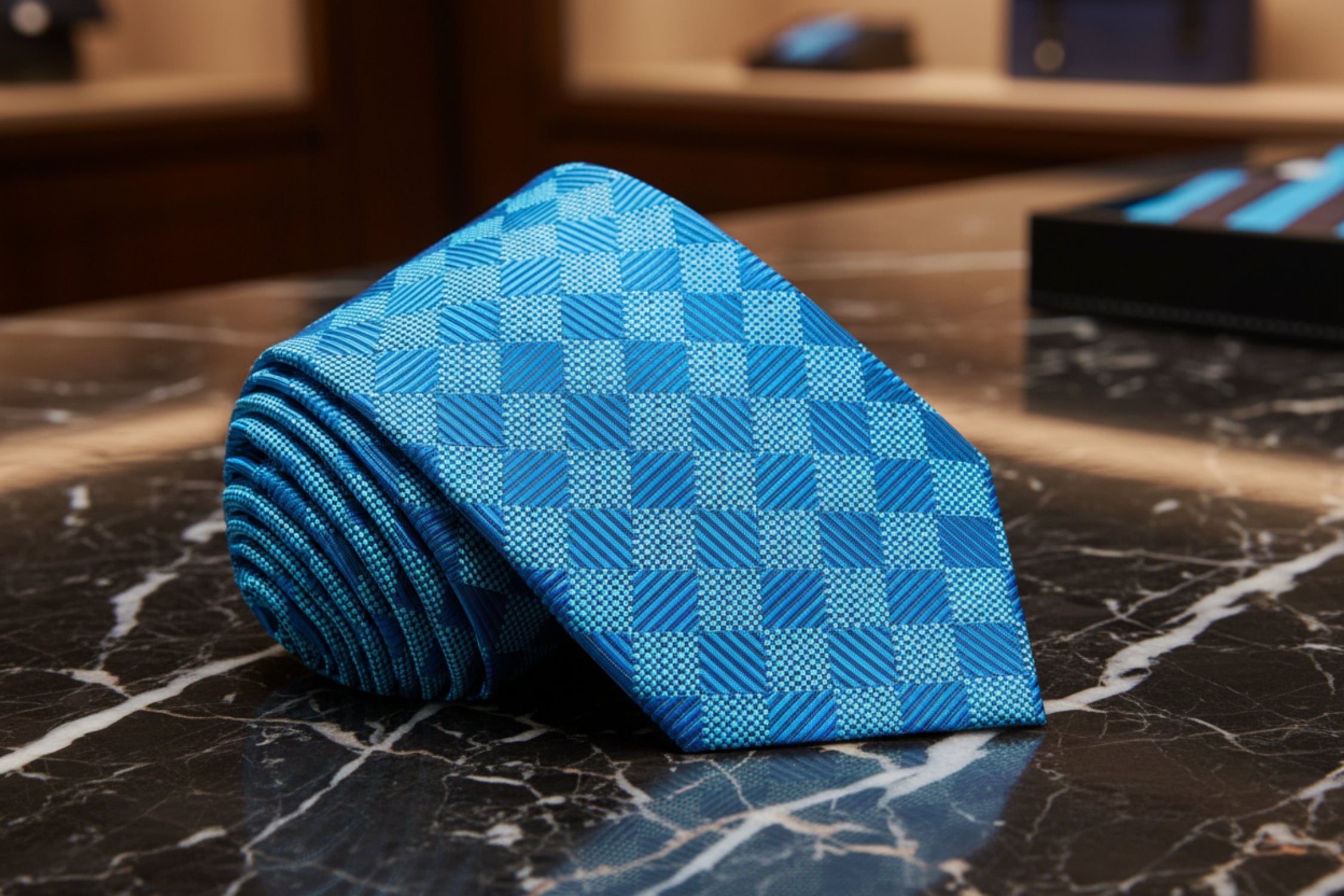 Blue Diamond Pattern Necktie in Rich Cyan Blue | Geometric Classic