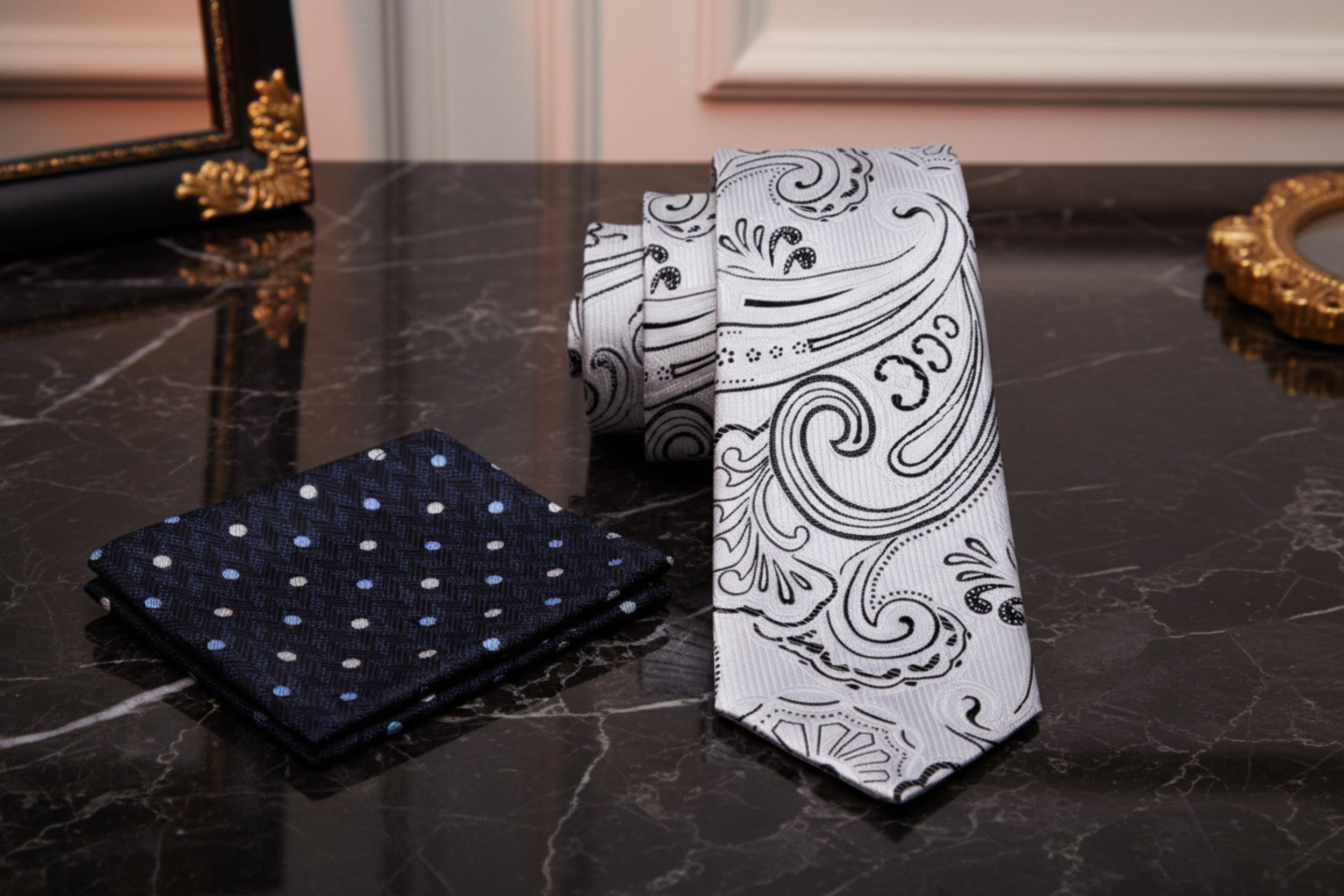 Light Grey & Black Paisley Silk Necktie | Classic Contrast, Bold Detai