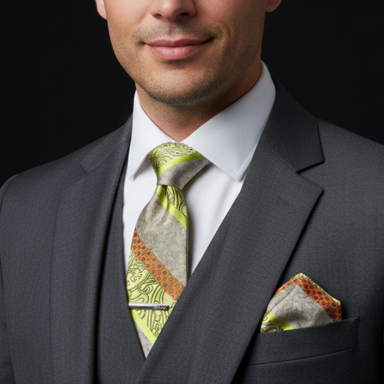 Diagonal Patchwork Necktie | Dots, Scrollwork & Paisley Panels