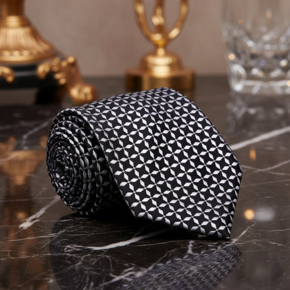 Black & Silver Geometric Necktie | Modern Men’s Dress Tie