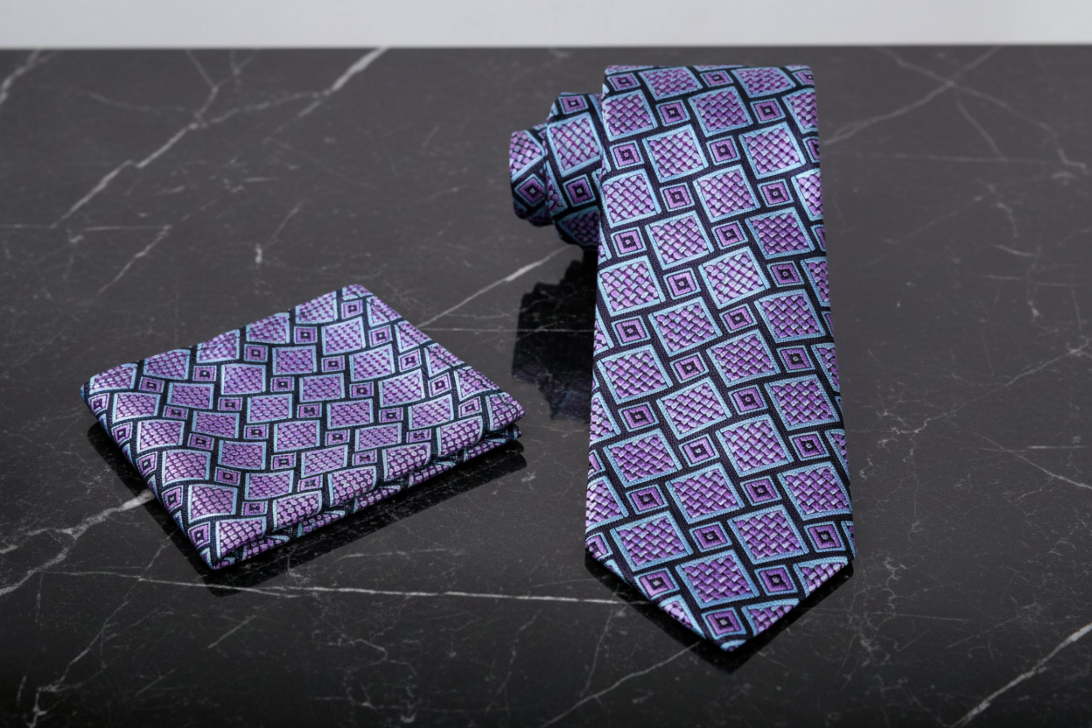Silver Geometric Blocks Necktie in Teal, Purple & Grey