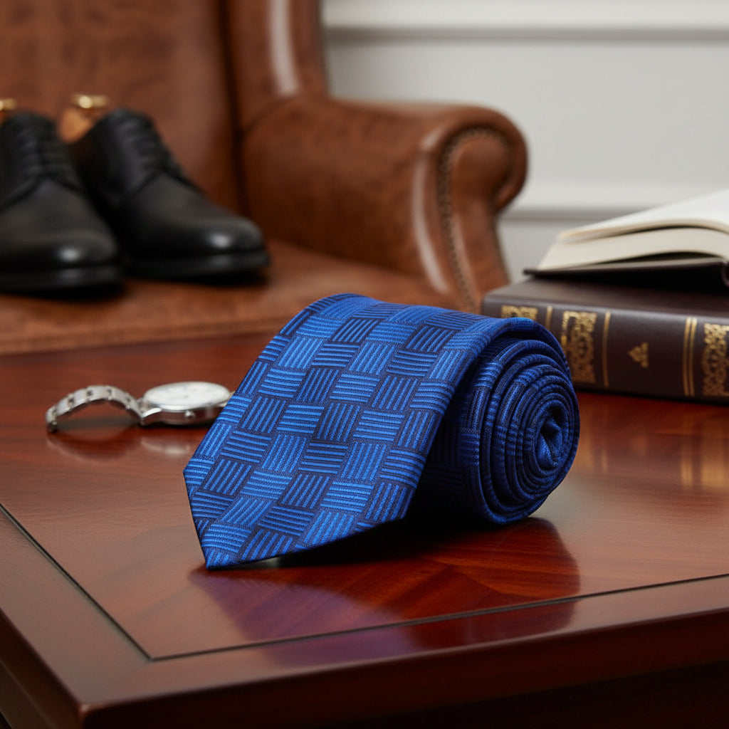 Deep Blue Geometric Blocks Necktie | Modern Men’s Dress Tie