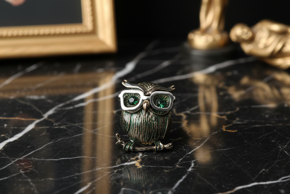 A Metallic Wise Owl Lapel Pin