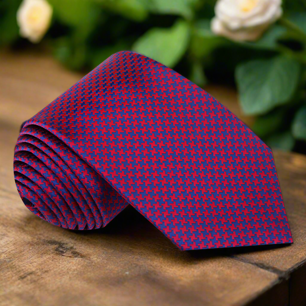 Red & Blue Houndstooth Necktie | Classic Pattern with Modern Contrast