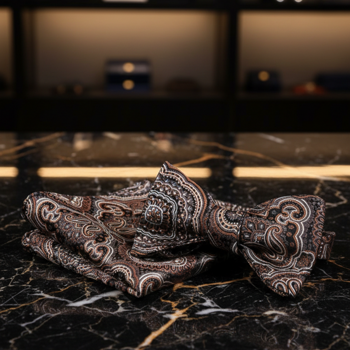 Dark Brown Paisley Bow Tie | Classic White Accents for Formal Elegance