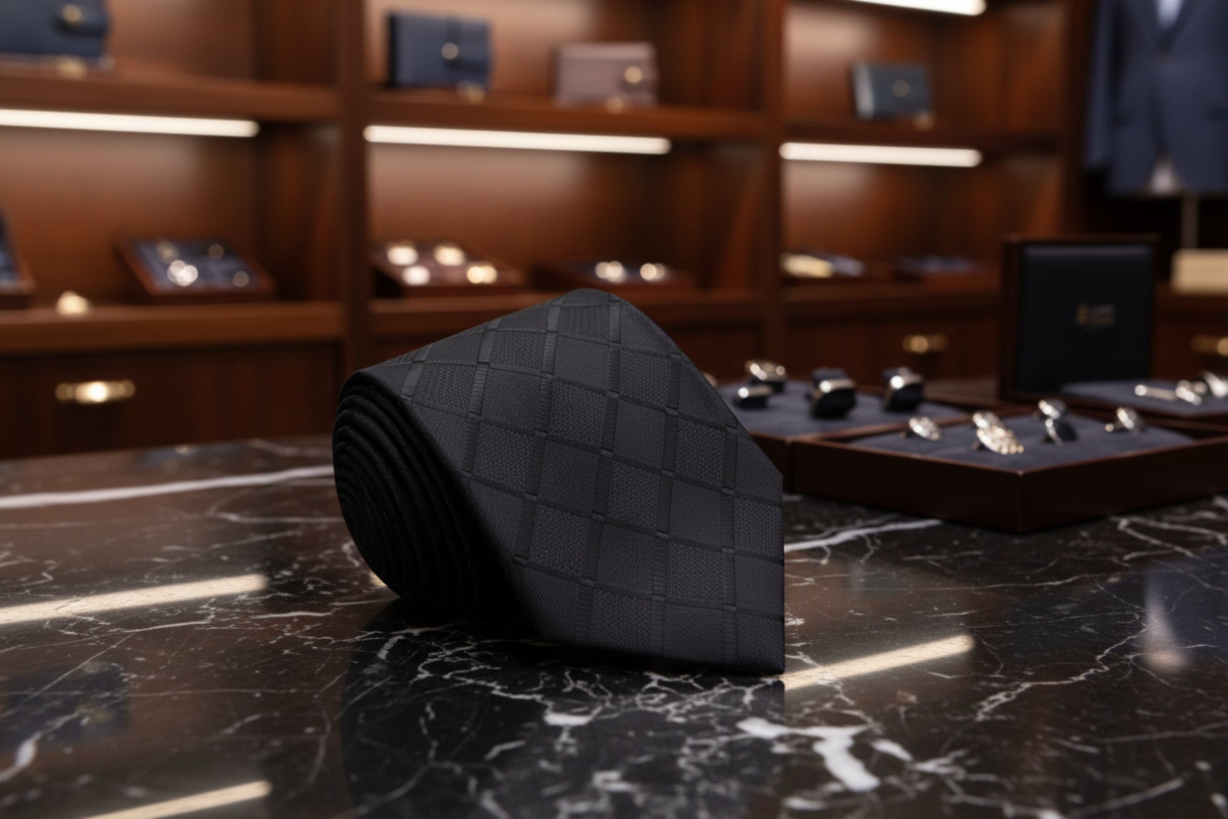 Black Geometric Diamond Necktie | Subtle Texture for Formal Style