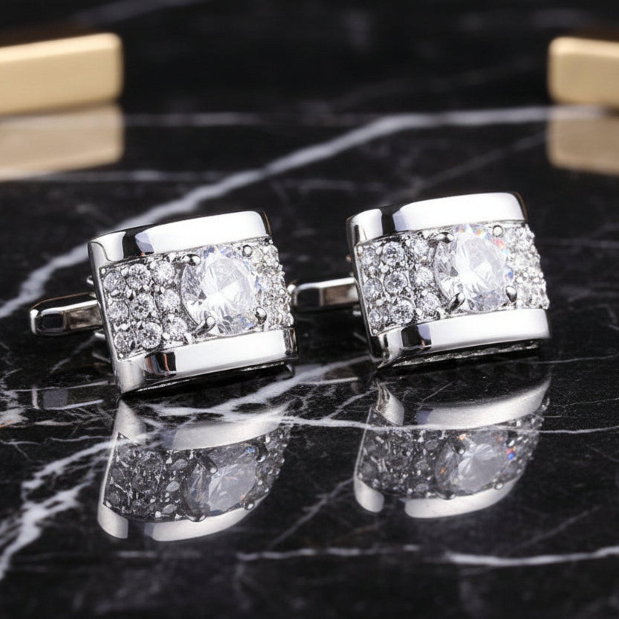 Rectangle Gemstone Cufflinks | Chrome with Clear Stone