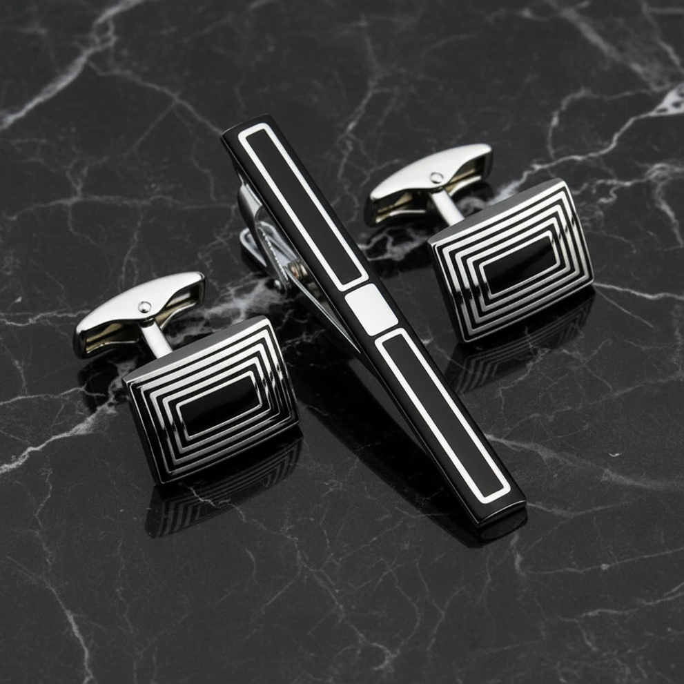 Black Chrome Square Tie Bar & Cufflinks Set – Men’s Dress Accessory